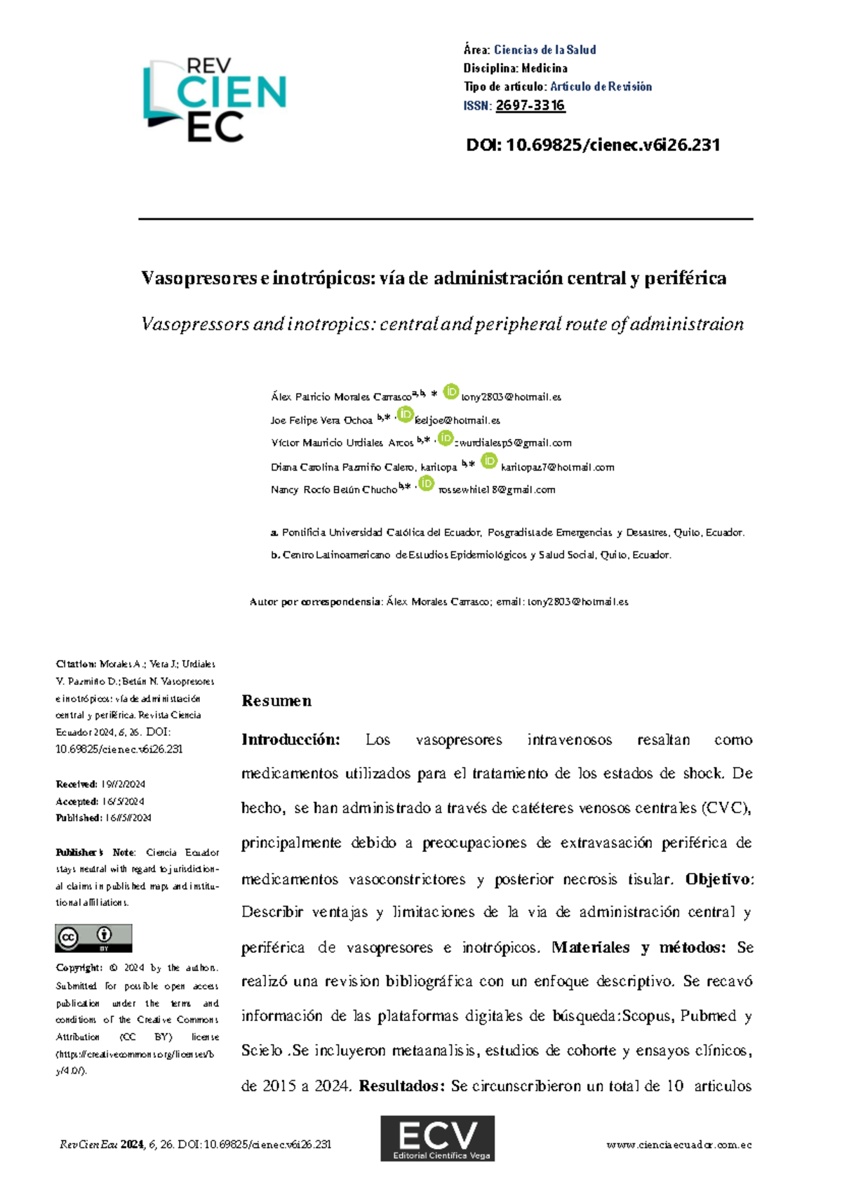Vasopresores e Inotrópicos: Vías de Administración Central y Periférica ...