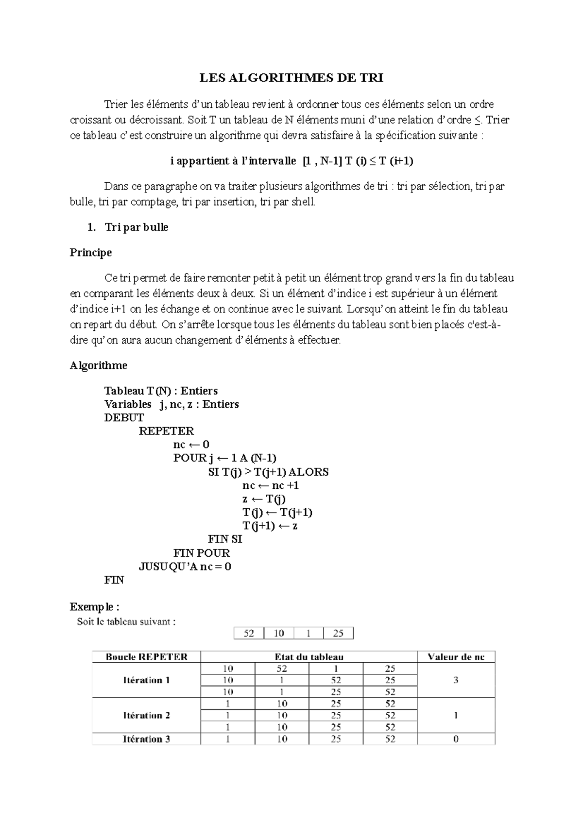 LES Algorithmes de Tri : Cours et Exercices sur Tri par Sélection et Bulle - Studocu