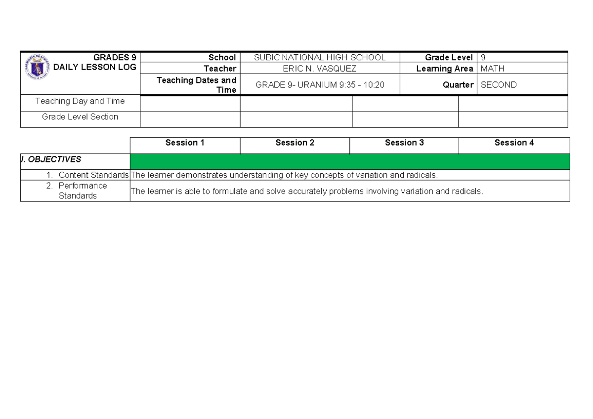 Grade 9 Math Daily Lesson Log: Direct Variation Concepts (DLL-WK-10 ...