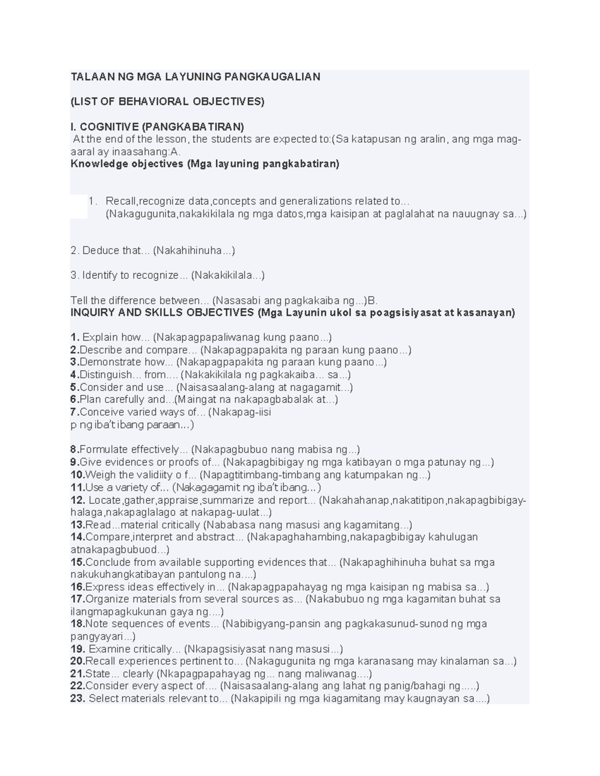 Domains OF Educational Objectives - TALAAN NG MGA LAYUNING ...