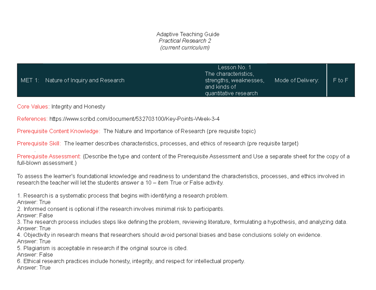 Adaptive Teaching Guide: Quantitative Research Characteristics ...