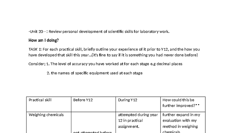 Unit 2D: Personal Development of Scientific Skills in Lab Work - Studocu