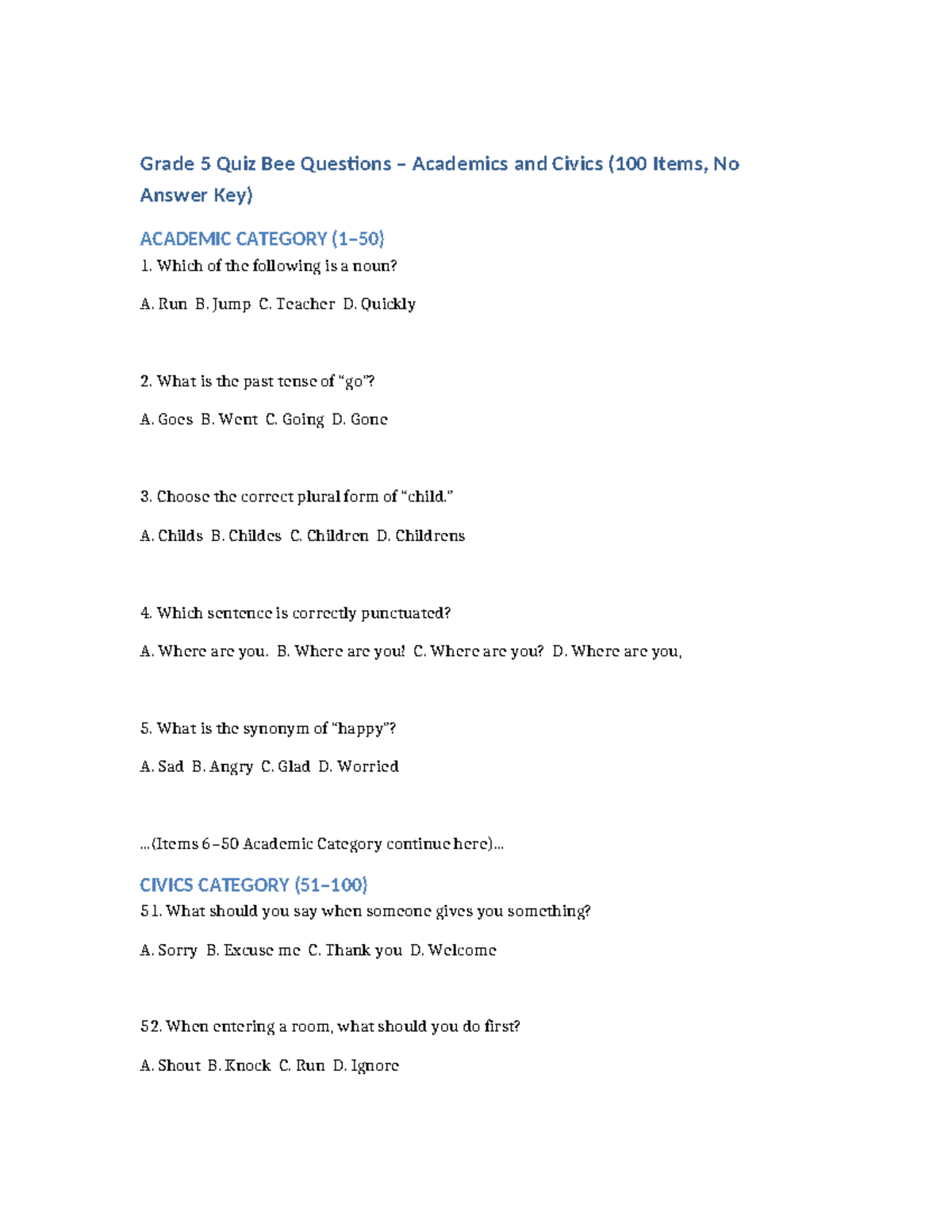 Grade 5 Quiz Bee Questions (100 Items, No Answer Key) - Studocu