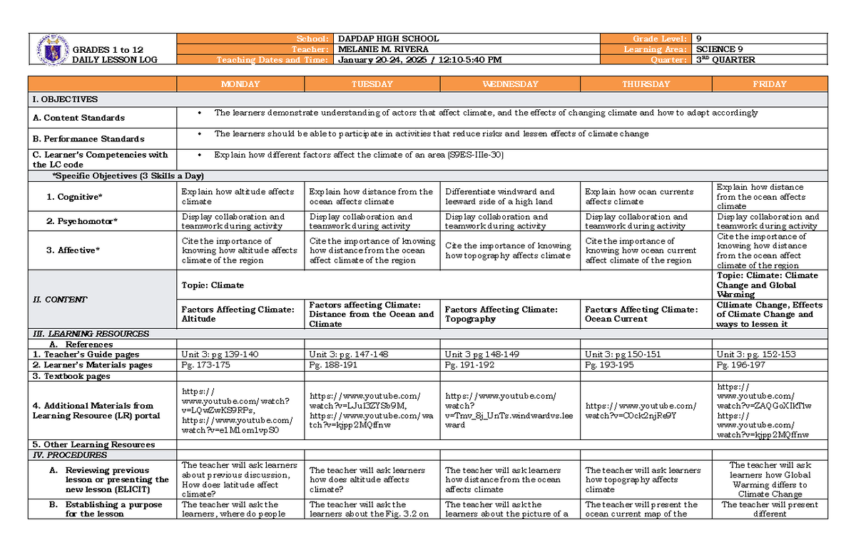 MMR DLL Science-9 Jan20-24 - GRADES 1 to 12 DAILY LESSON LOG School ...