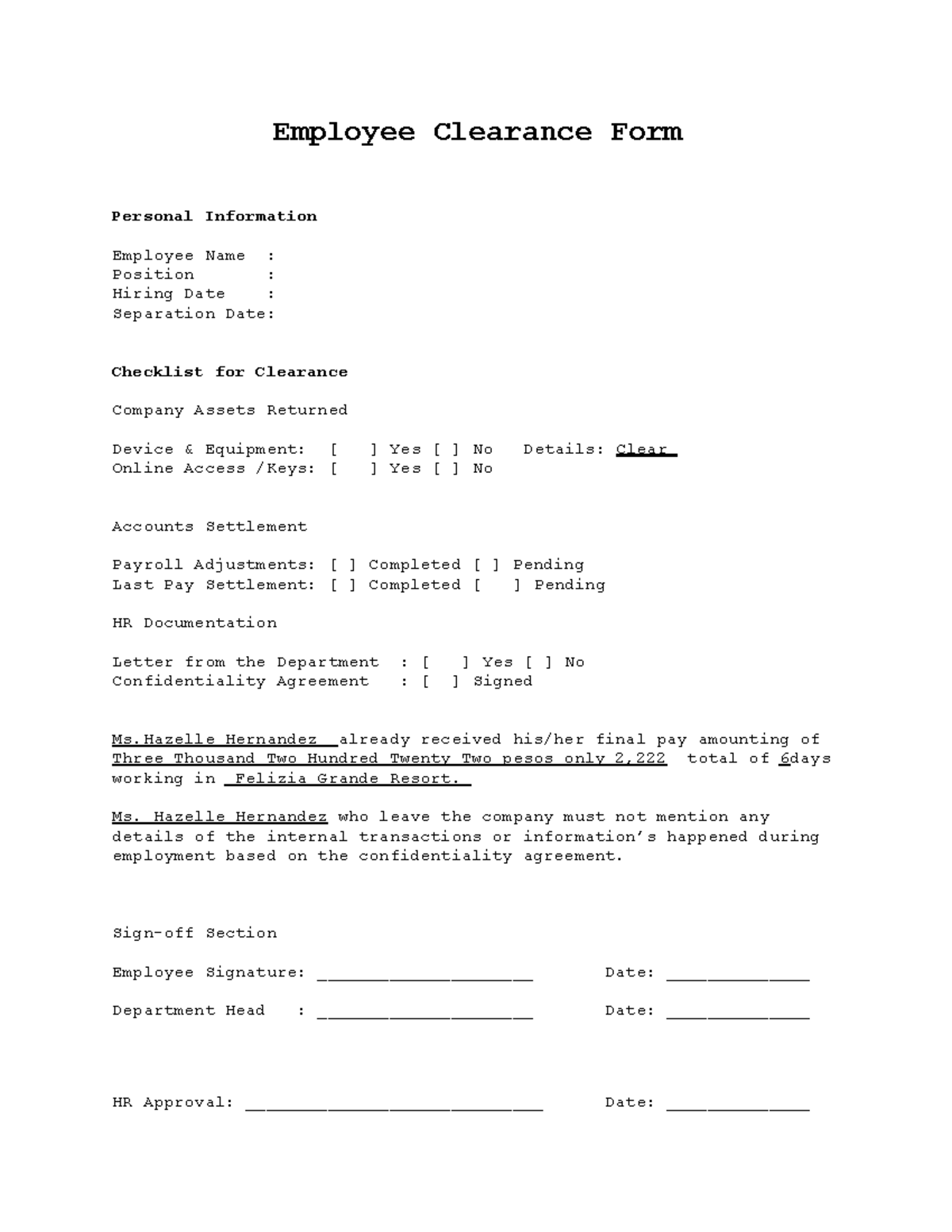 Employee Clearance Form for Ms. Hazelle Hernandez - Studocu