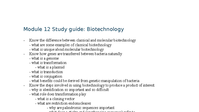 Module 12 Study Guide: Classical vs Molecular Biotechnology - Studocu