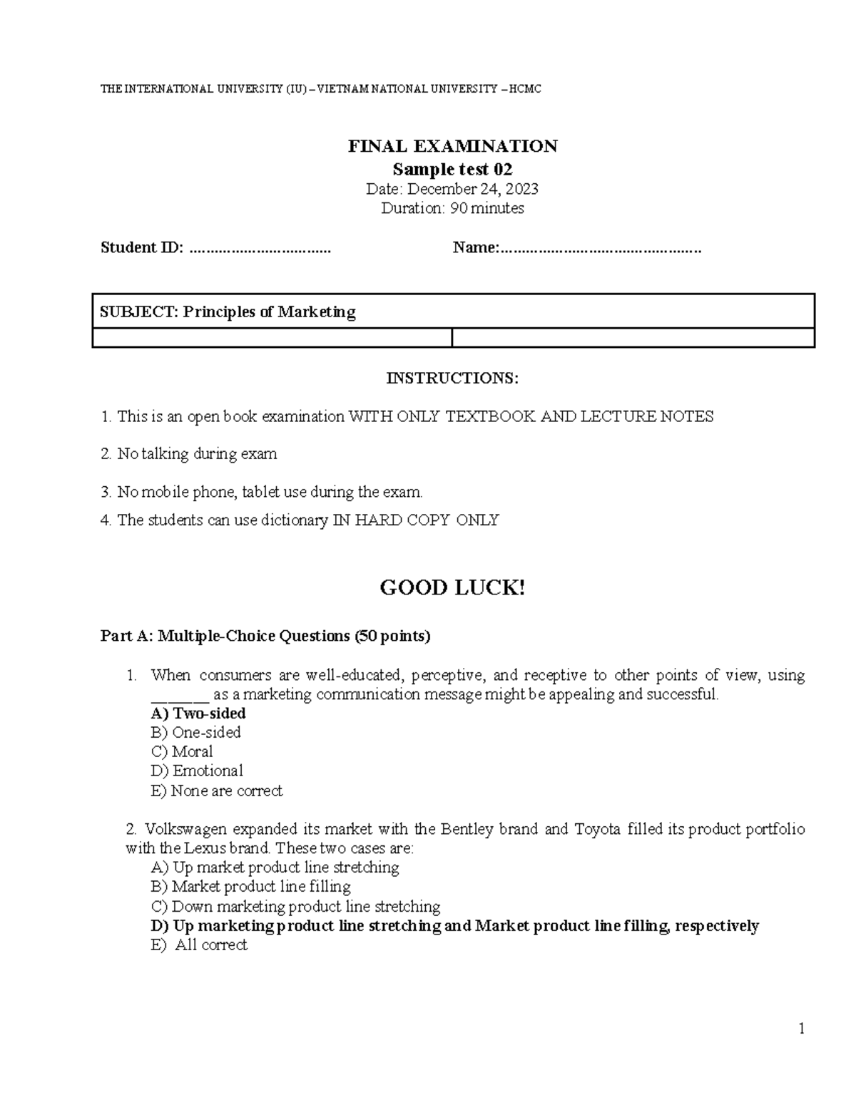 Sample Test 02: Principles of Marketing Final Exam - IU Course - Studocu
