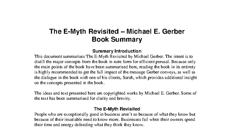 The E-Myth Revisited: Summary of Michael E. Gerber's Concepts - Studocu