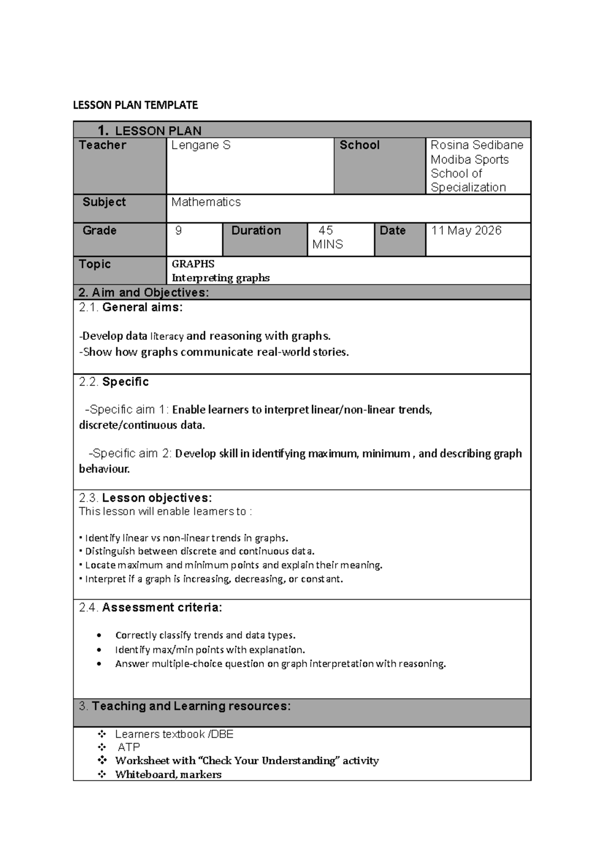 Grade 9 Mathematics Term 2 Lesson Plan: Interpreting Graphs - Studocu