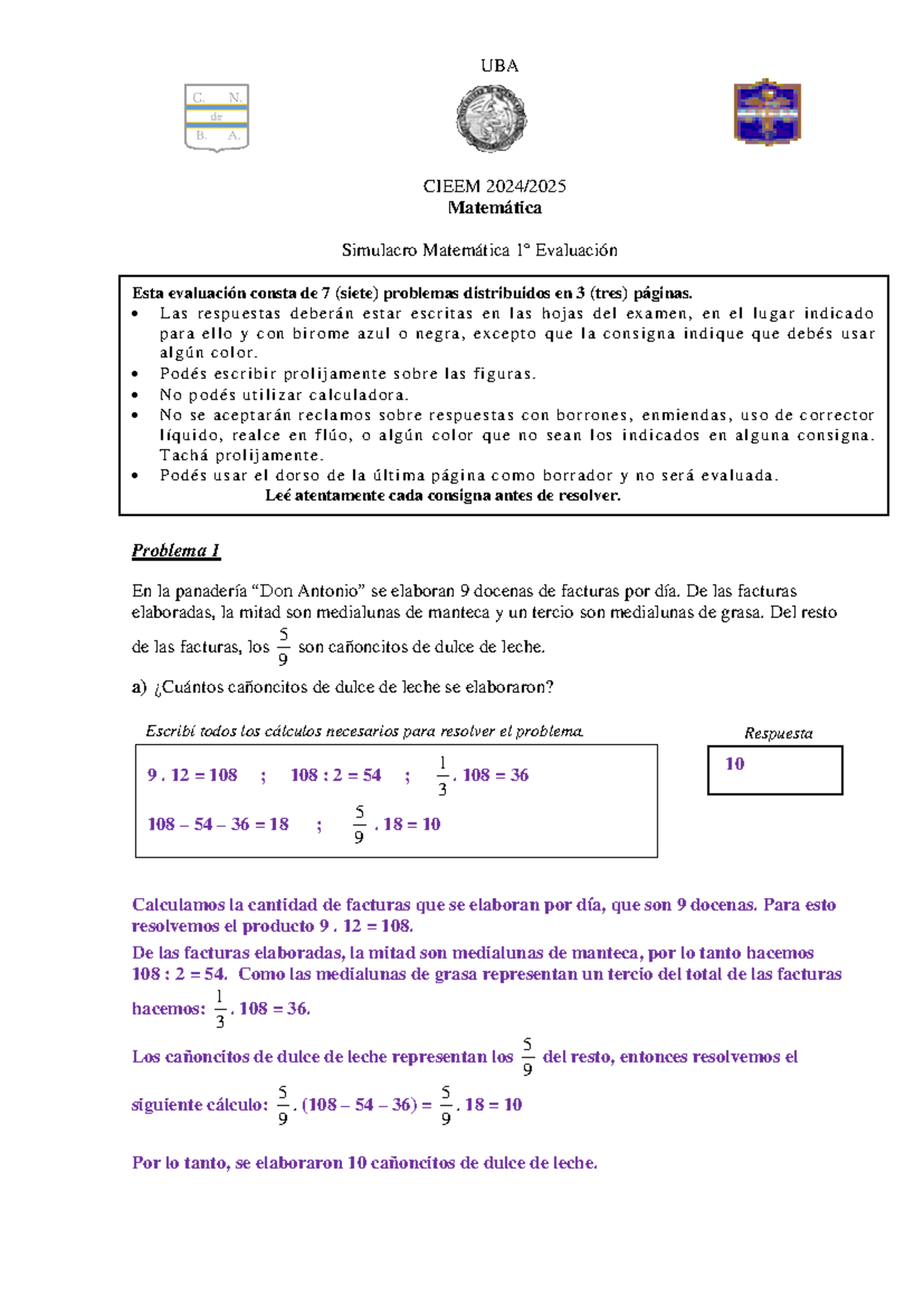 UBA CIEEM Simulacro de Matemática 1º Evaluación - Respuestas - Studocu