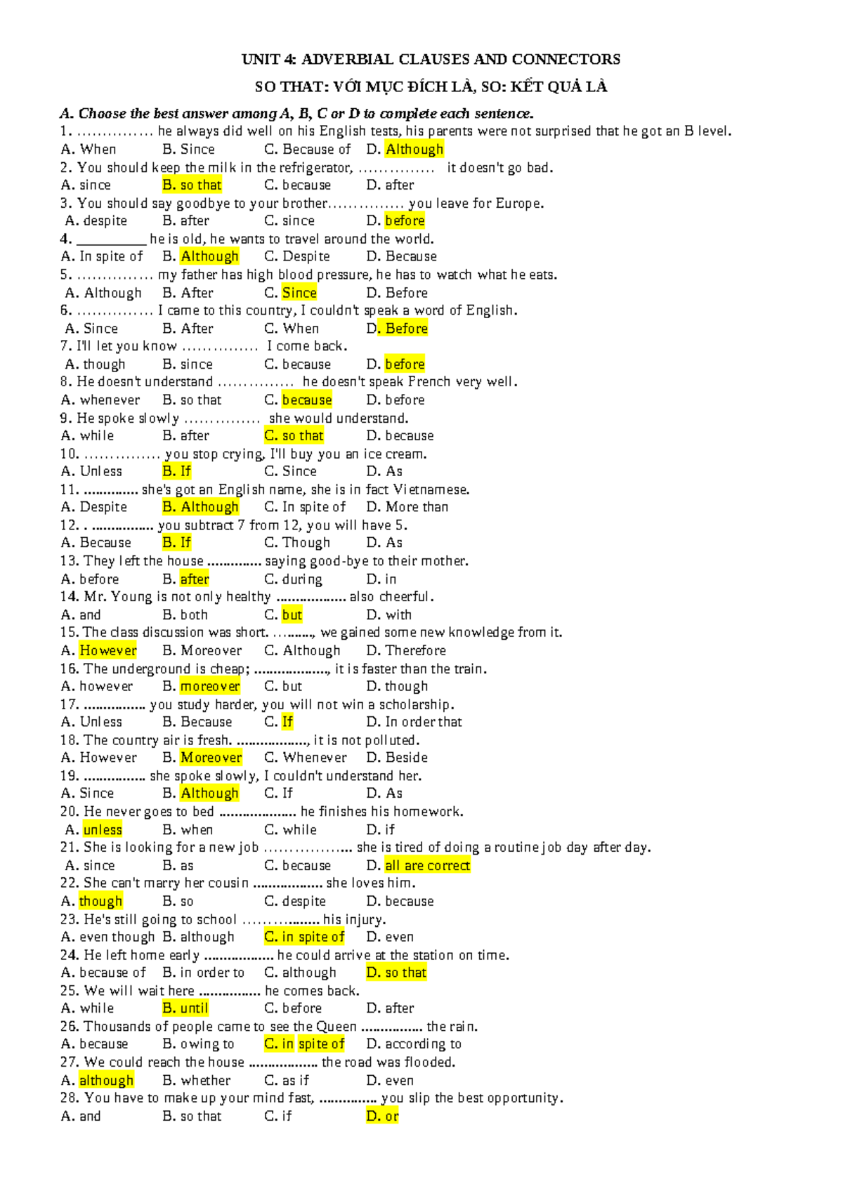 UNIT 4: ADVERBIAL CLAUSES & CONNECTORS EXERCISES - Studocu
