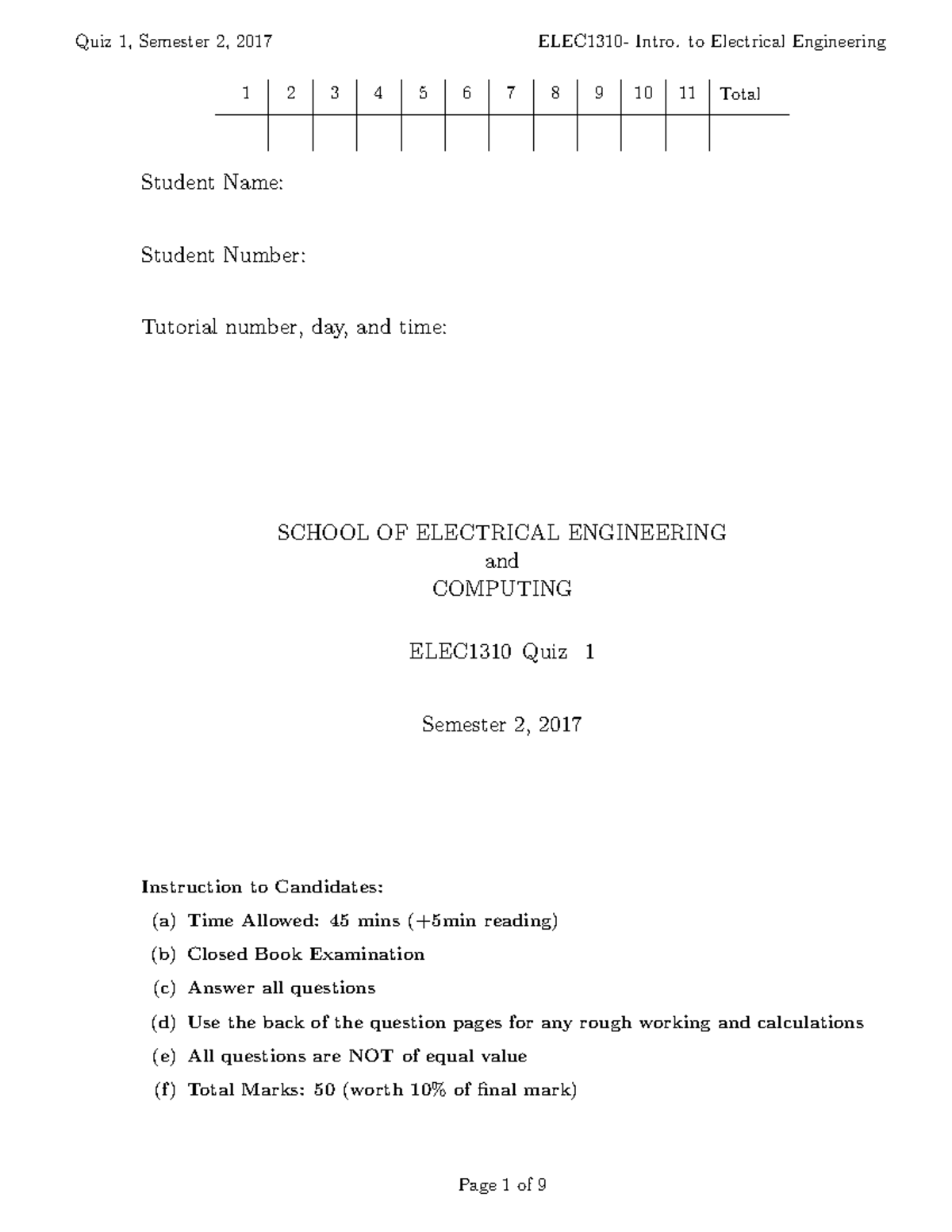 ELEC1310 Quiz 1 - Electrical Engineering Semester 2, 2017 - Studocu
