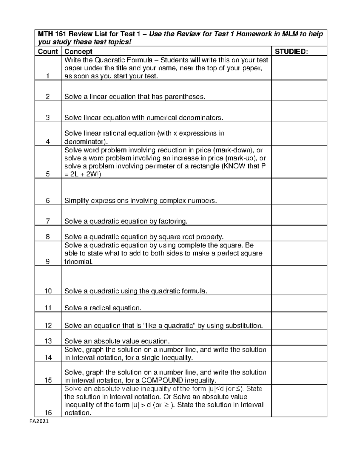 MTH 161 Test 1 Review List - Comprehensive Study Guide FA21 - Studocu
