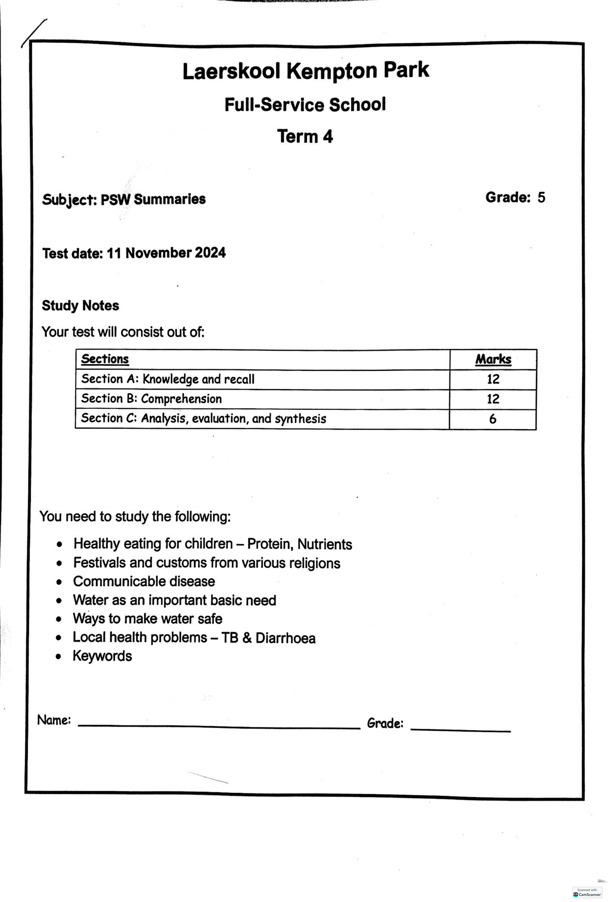 Grade 5 PSW Term 4 Study Notes: Health, Nutrition & Diseases - Studocu
