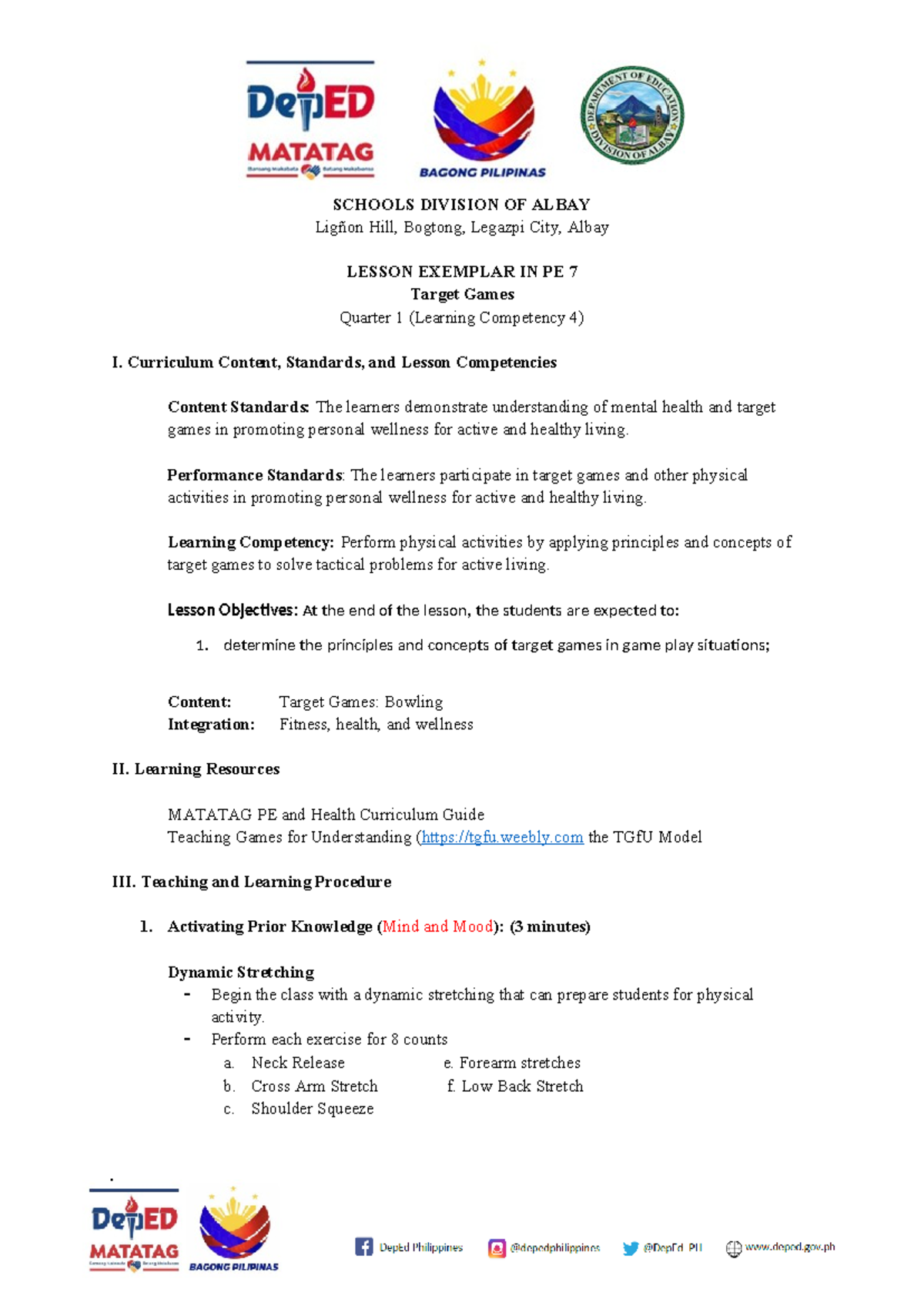 PEH7 DLP Week 4 Lesson Plan: Target Games - Bowling Concepts 2024 - Studocu