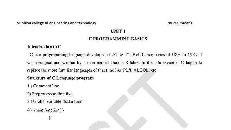 C Programming Basics: Unit 1 Notes (106321) - Studocu