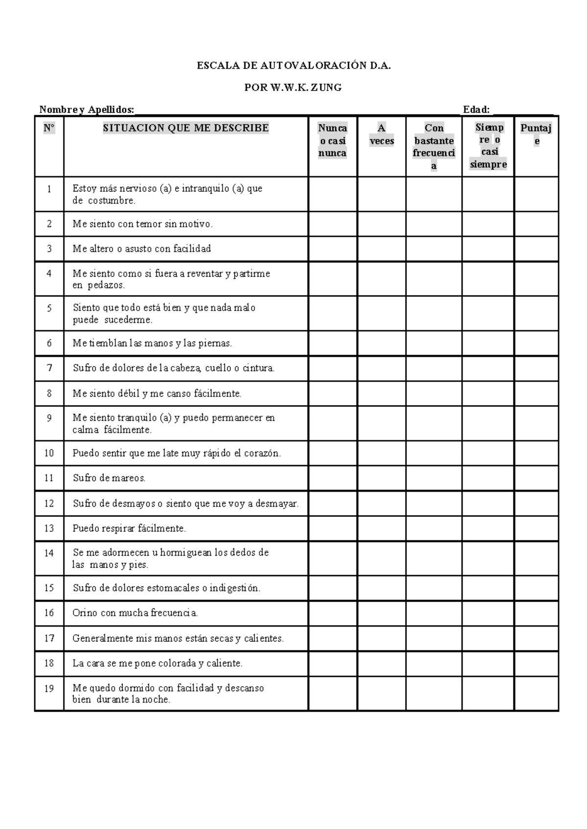 Hoja de Aplicación - Test de Ansiedad de Zung (ESCALA D.A.) - Studocu