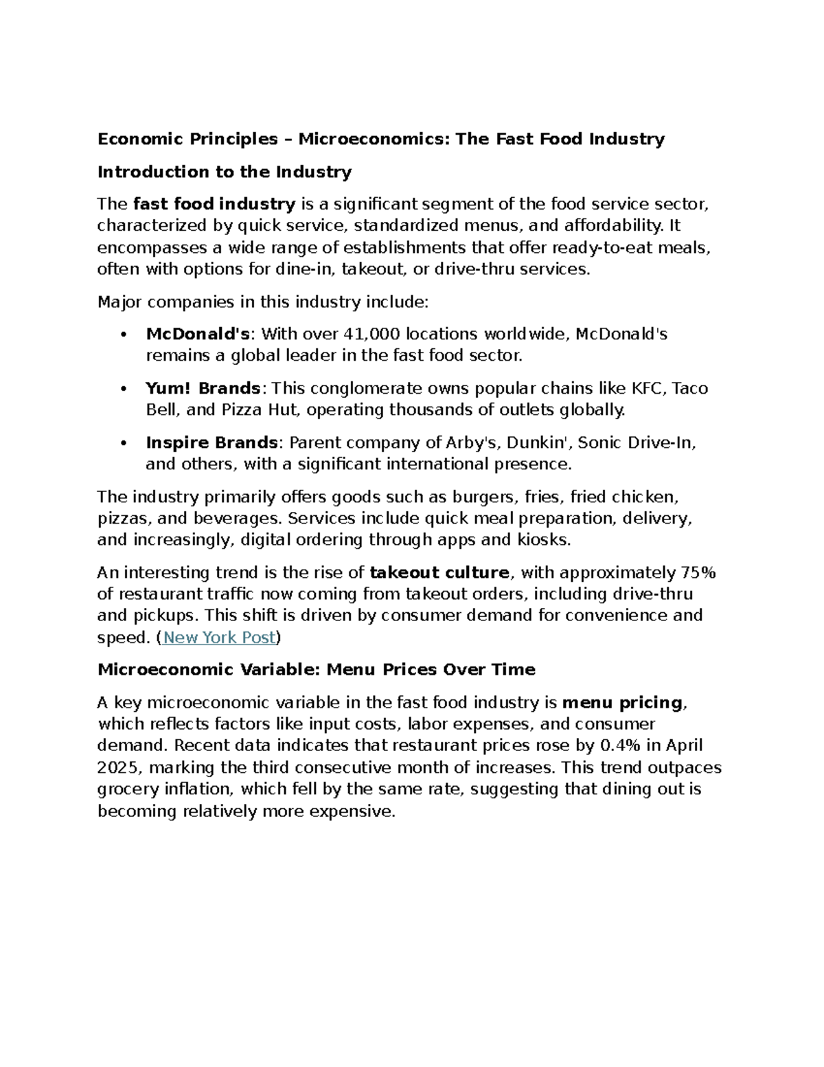 ECO100 Week 5 Assignment: Microeconomic Principles in Fast Food ...