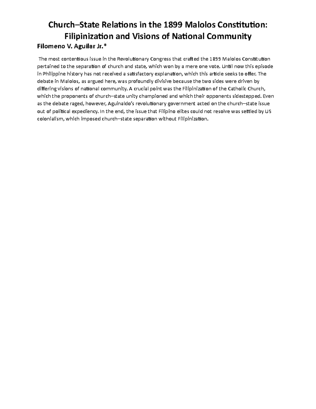 Church–State Relations & Filipinization in the 1899 Malolos Const ...