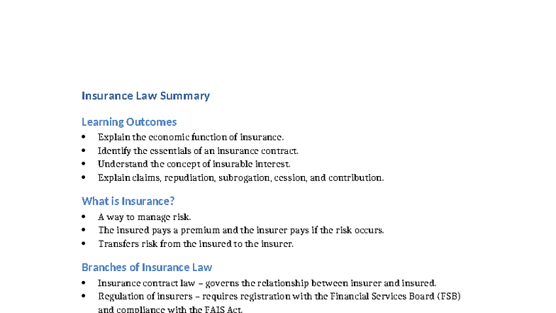 Insurance Law Summary: Key Concepts and Learning Outcomes - Studocu