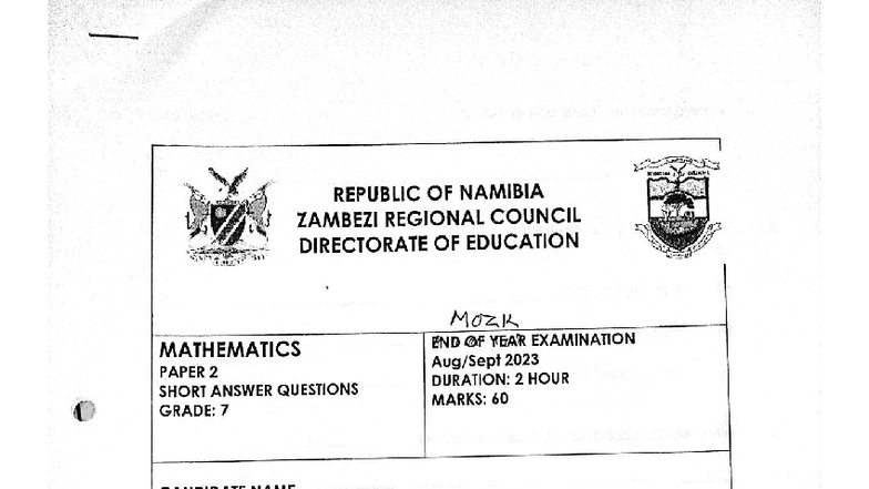 Grd 7 Maths End of Year Exam P2 2023 - Short Answer Questions - Studocu