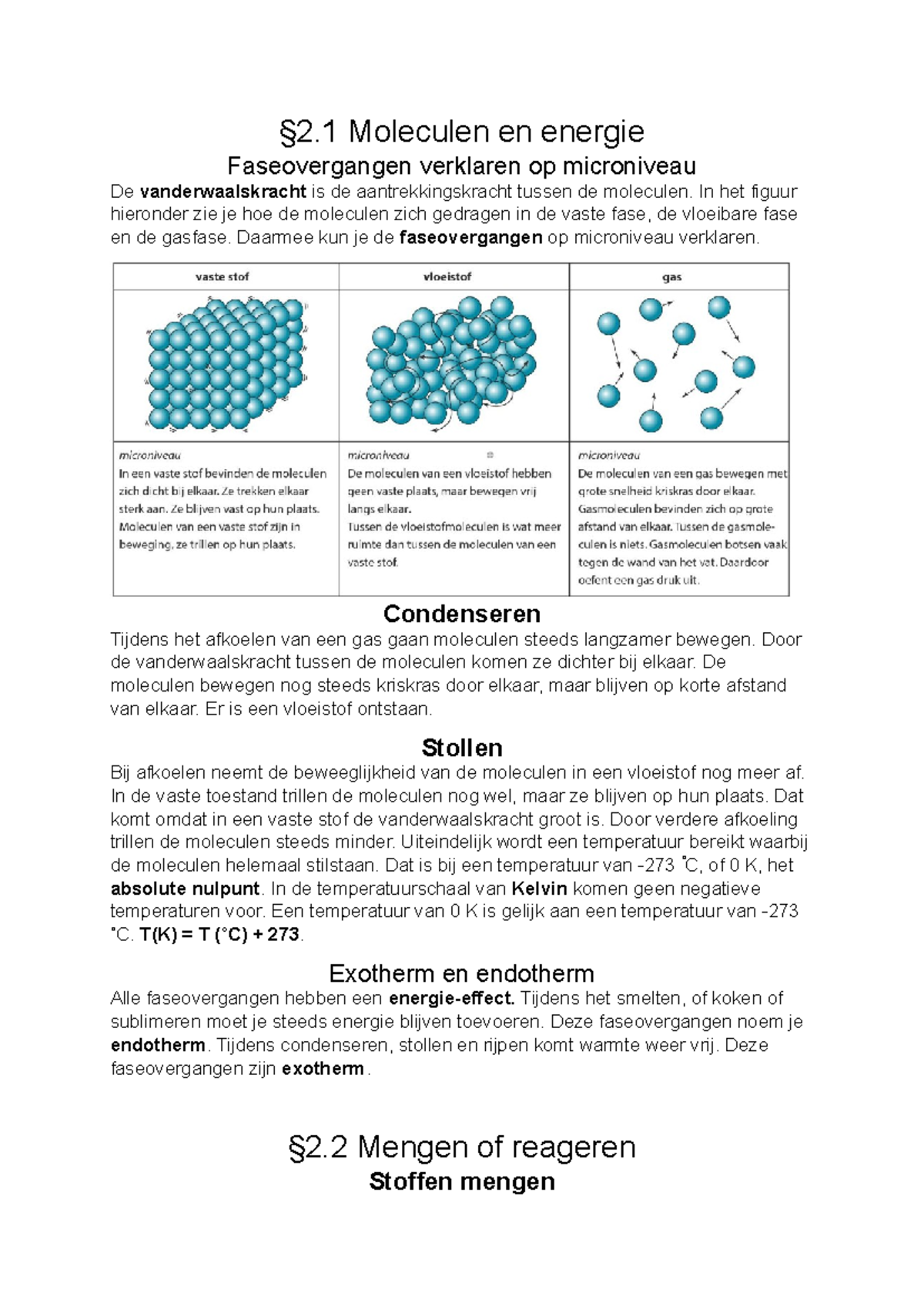 Scheikunde 2: Faseovergangen, Mengreacties en Massa 2.1-2.4 - Studeersnel
