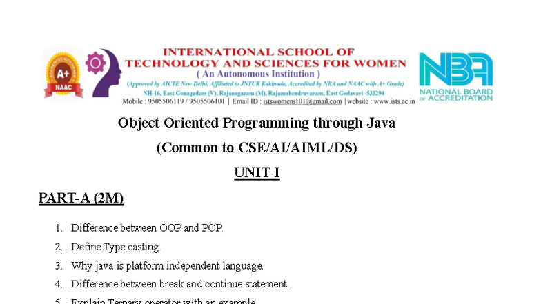JAVA Important Questions for OOP (Common to 2M & 5M) - Studocu