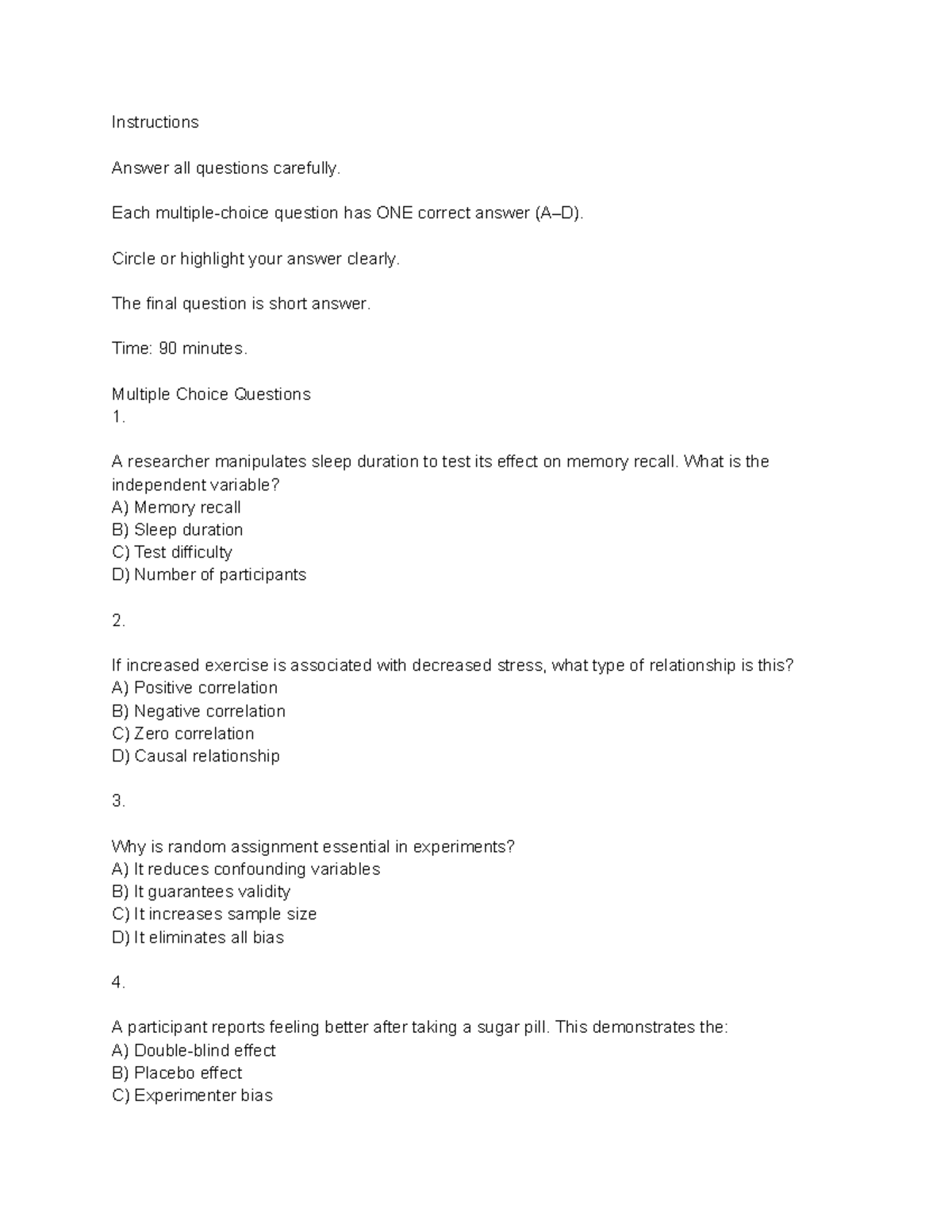 PYSC 100 Midterm Mock Test: Memory, Sleep, and Research Methods - Studocu