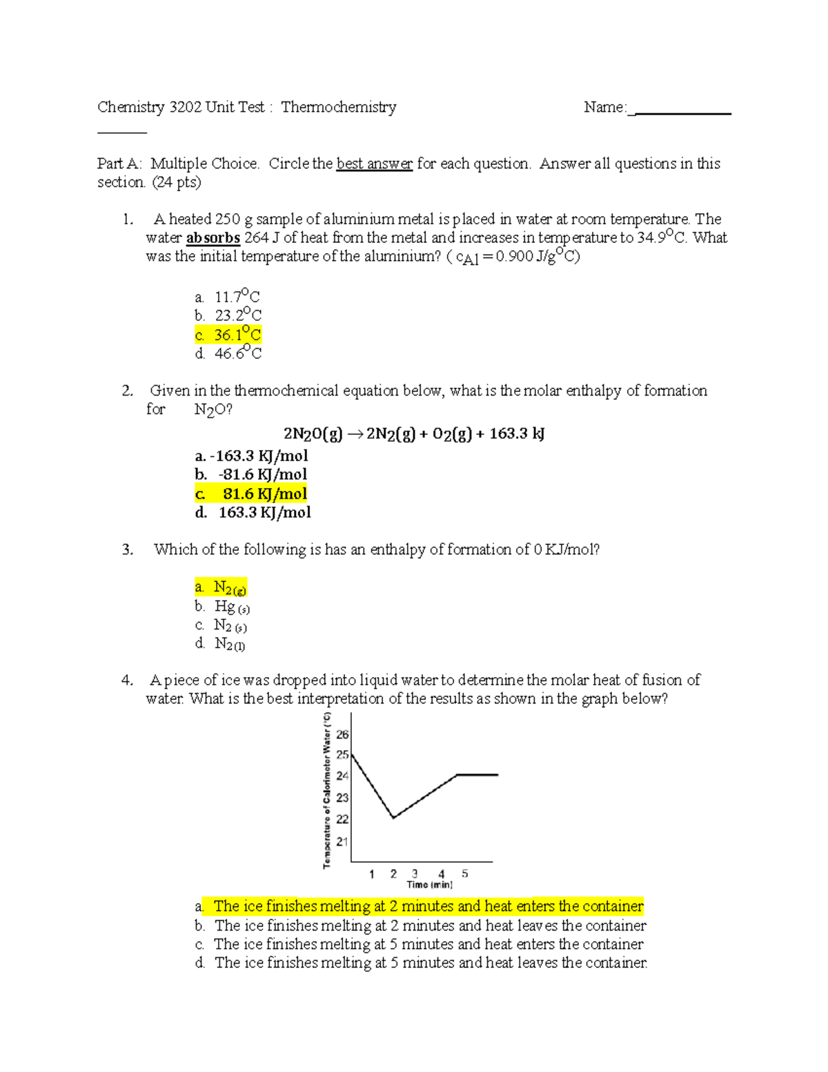Chemistry 3202 Unit Test 1b: Thermochemistry Answer Key - Studocu