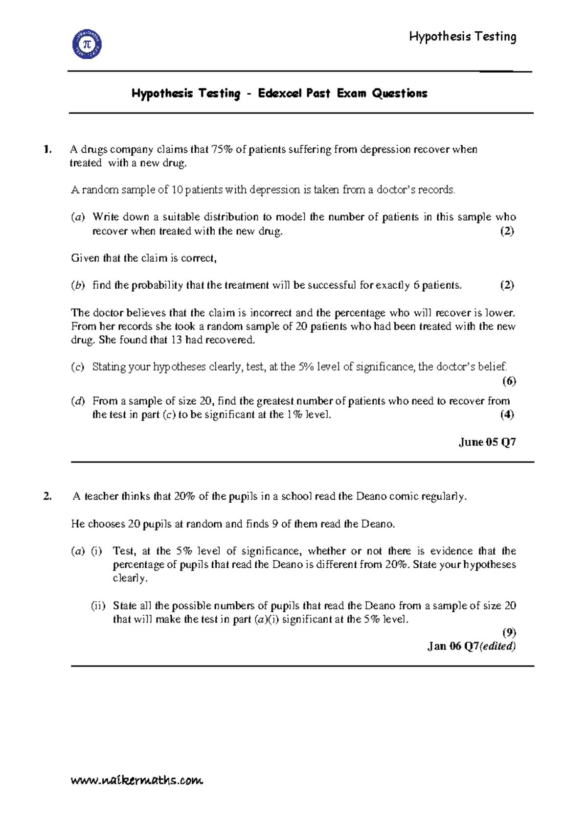 Edexcel A Level Maths Hypothesis Testing Past Exam Questions - Studocu