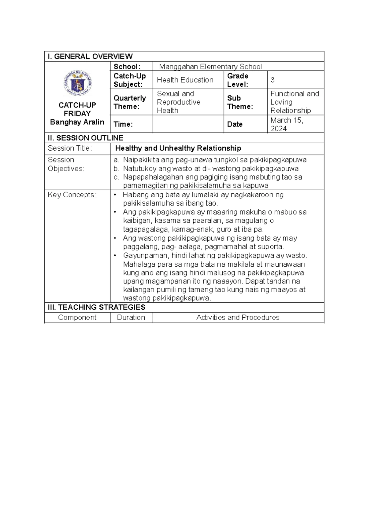 GR.3 Health Education: Healthy and Unhealthy Relationships Lesson Plan ...