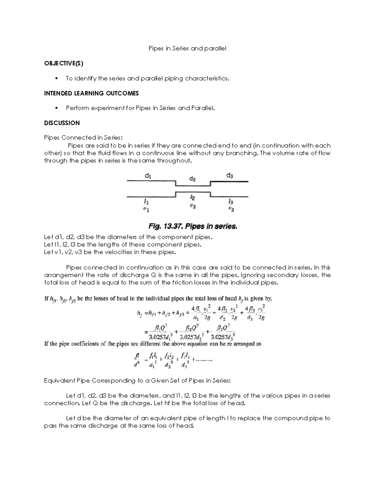 Pipes in Series and parallel - Pipes in Series and parallel OBJECTIVE(S ...