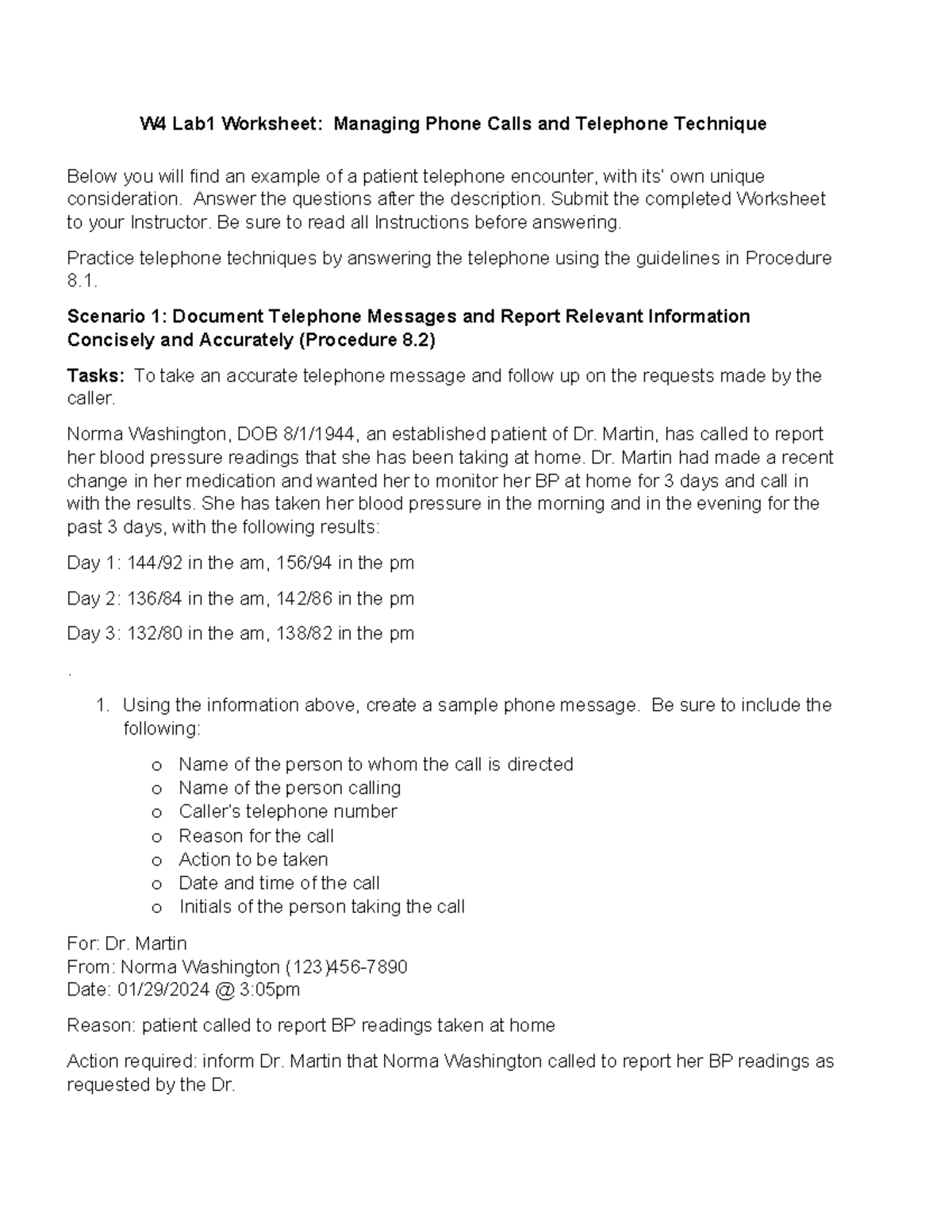 MOA110 W4 Lab: Worksheet on Managing Phone Calls & Techniques - Studocu