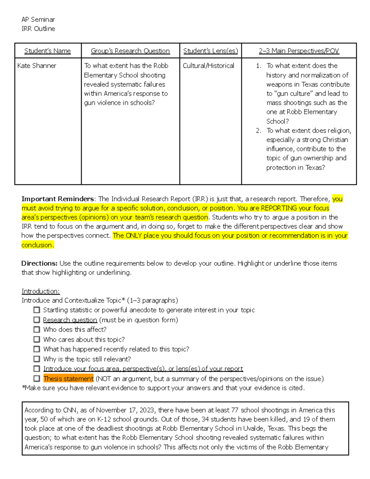 Revised Title: AP Seminar IRR Outline on Gun Culture and School ...