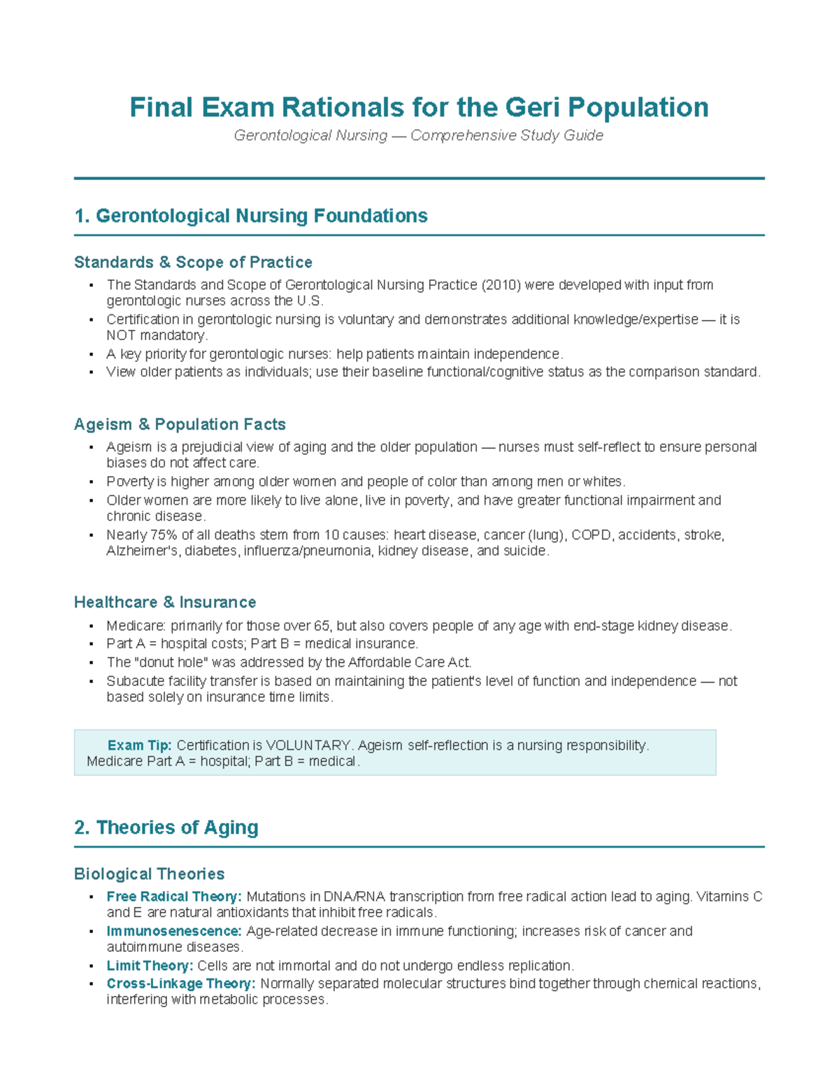 Final Exam Study Guide: Geri Population in Gerontological Nursing - Studocu
