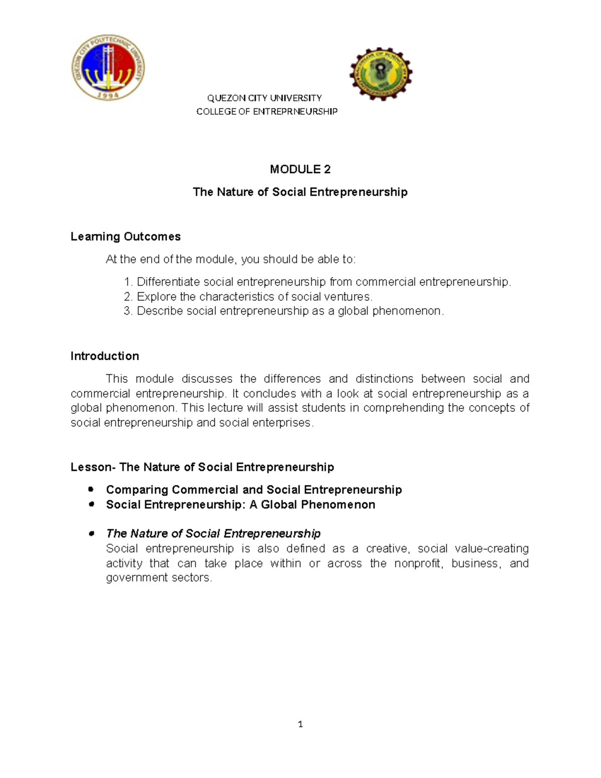 Module 2 - The Nature of Social Entrepreneurship - COLLEGE OF ...