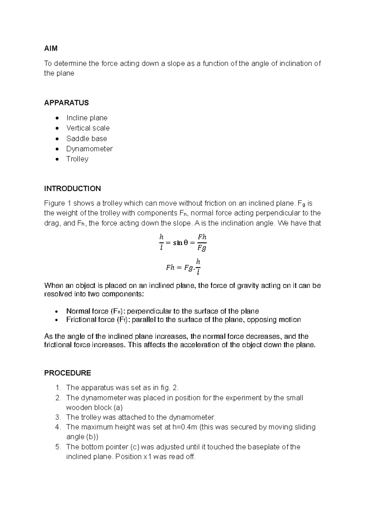 Experiment 3 - Statics of an Inclined Plane: Force Analysis - Studocu