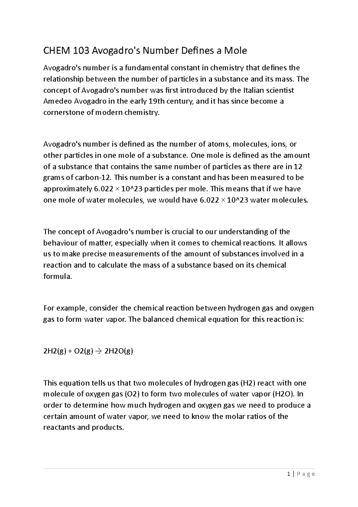 CHEM 103 Avogadros number - CHEM 103 Avogadro's Number Defines a Mole ...