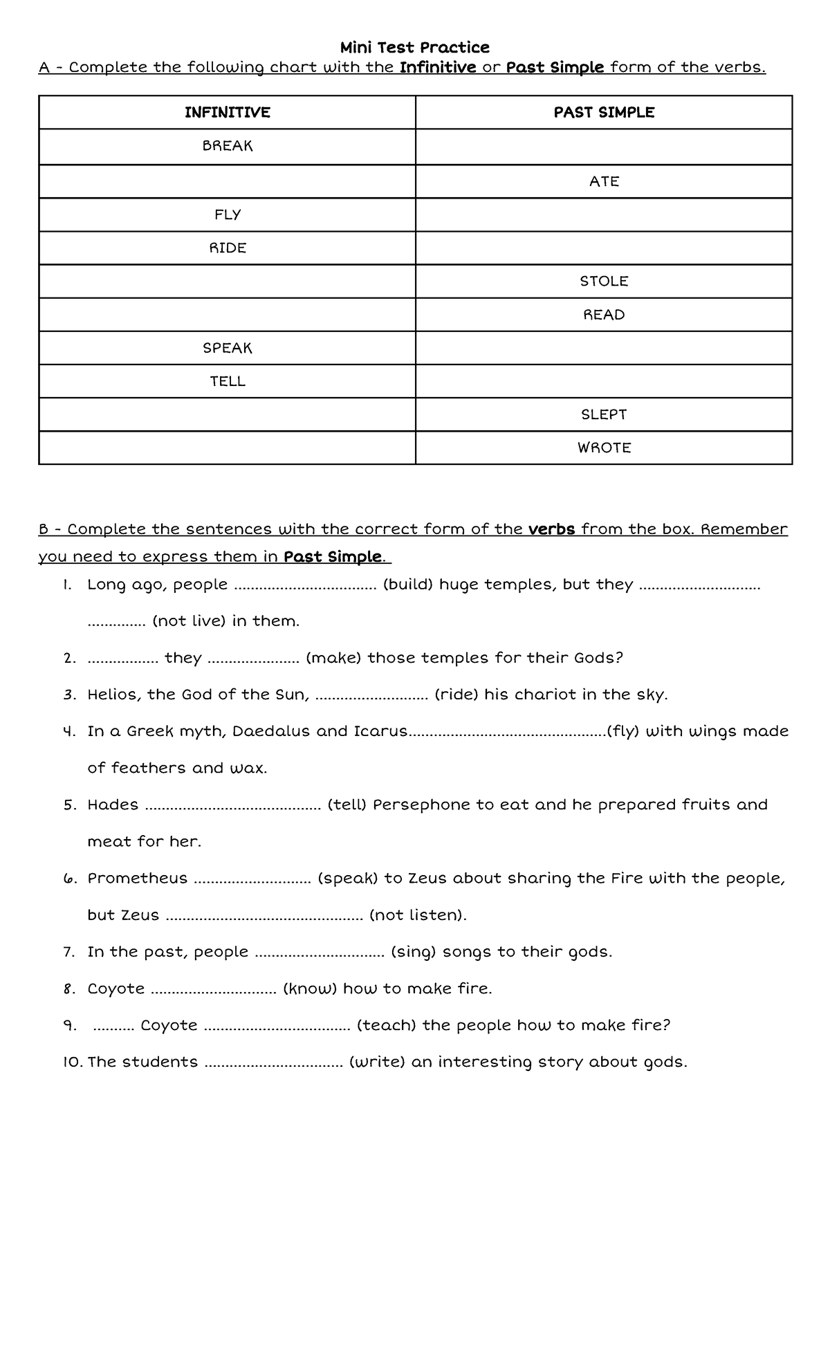 Mini Test Practice - Infinitive & Past Simple Verbs - 2025 - Studocu