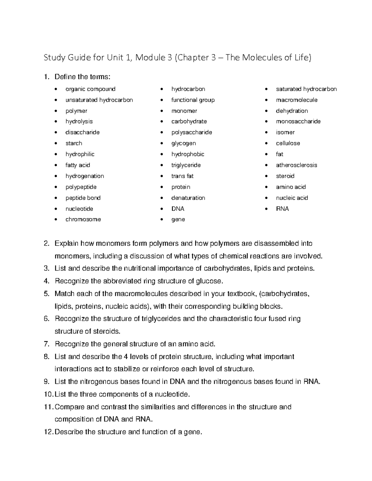 Study Guide for Unit 1, Module 3: Molecules of Life - Studocu