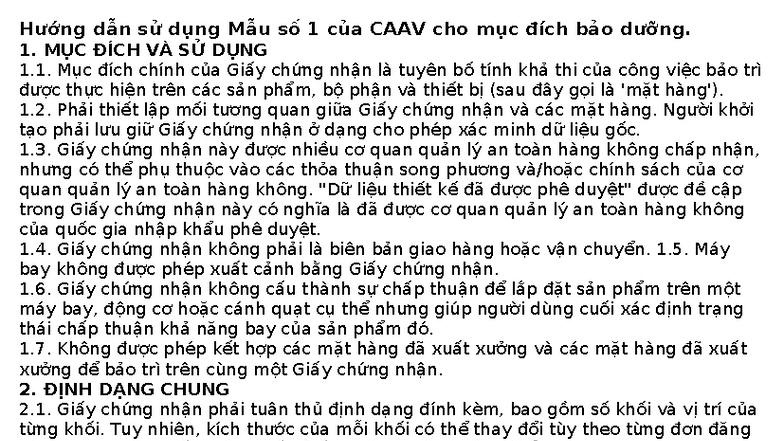 Hướng dẫn sử dụng Mẫu số 1 CAAV cho bảo dưỡng và sản xuất - Studocu