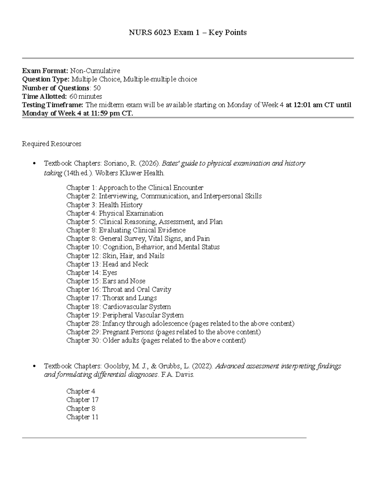 NURS 6023 Midterm Exam 1 Key Points and Study Guide - Studocu