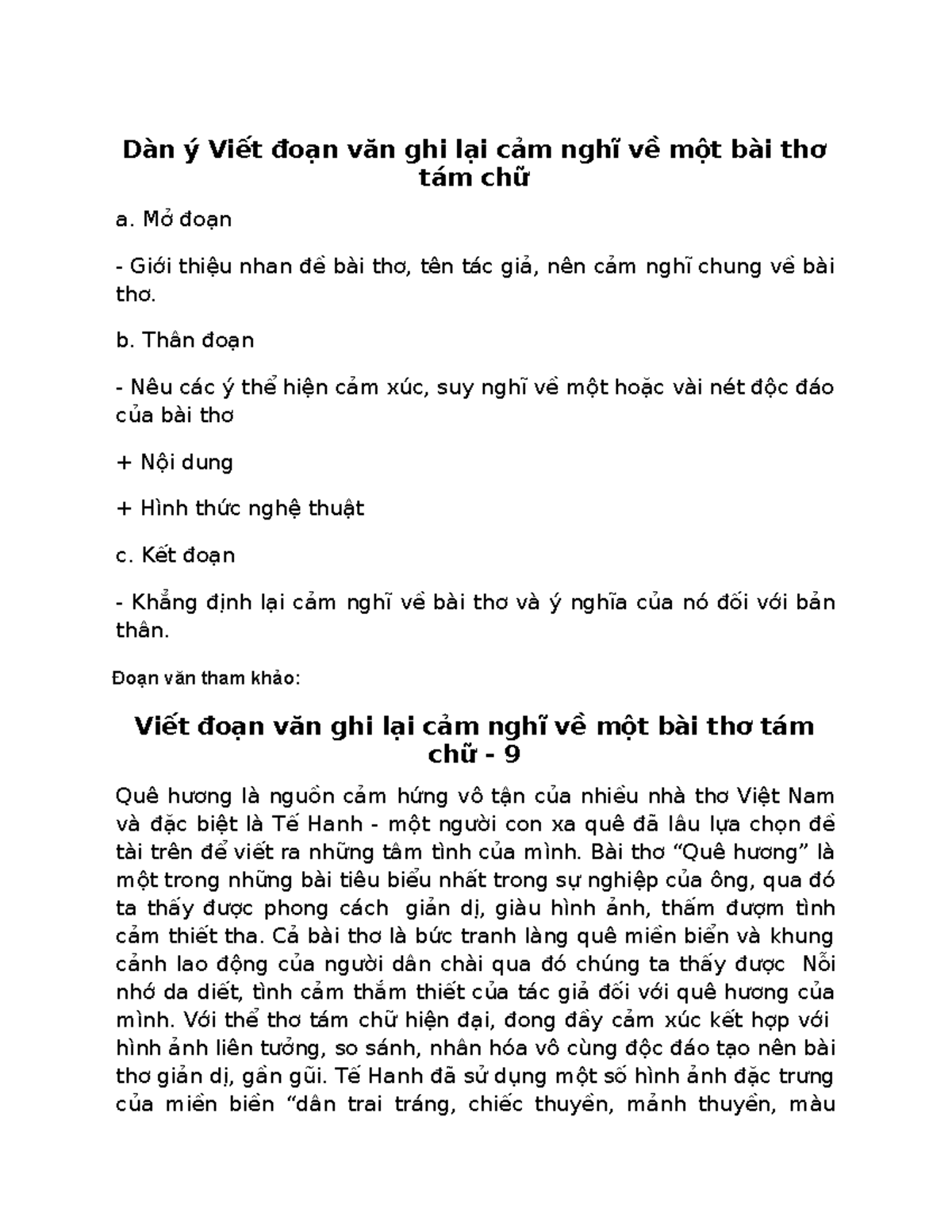 Dàn ý Viết đoạn văn cảm nghĩ về bài thơ tám chữ - Studocu