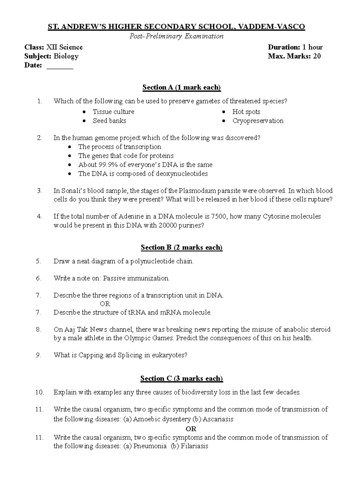 Biology Class XII Exam: Biotest 20 E - Key Questions & Answers - Studocu