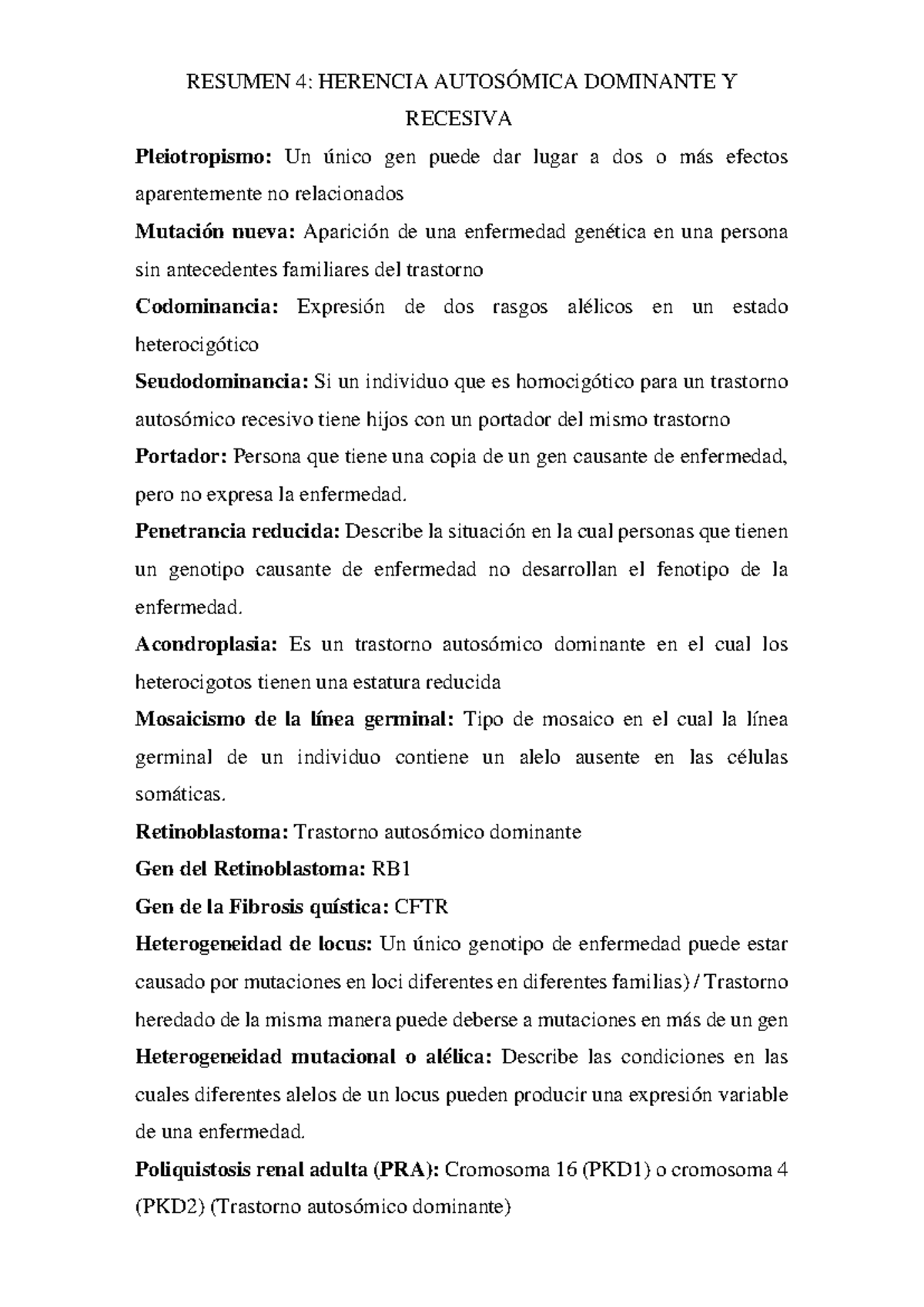 Resumen 4 - RESUMEN 4: HERENCIA AUTOSÓMICA DOMINANTE Y RECESIVA ...