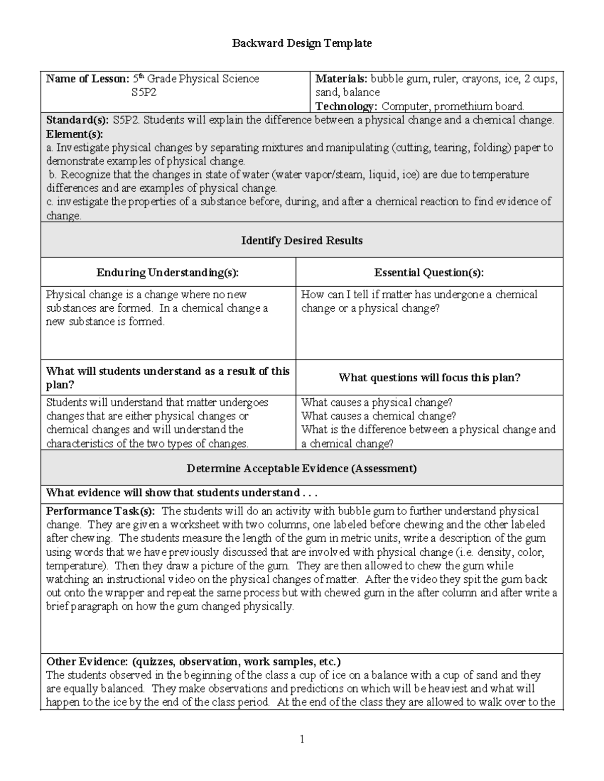 5th Grade Physical Science Lesson Plan: Understanding Changes in Matter ...