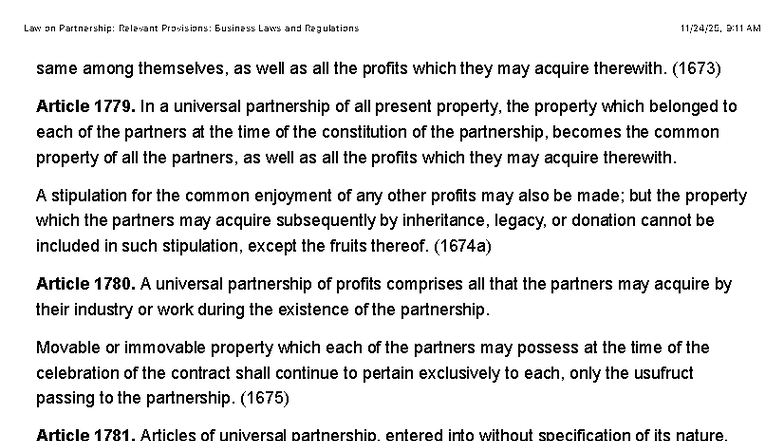 Law on Partnership: Relevant Provisions (Business Laws 1787-1797) - Studocu