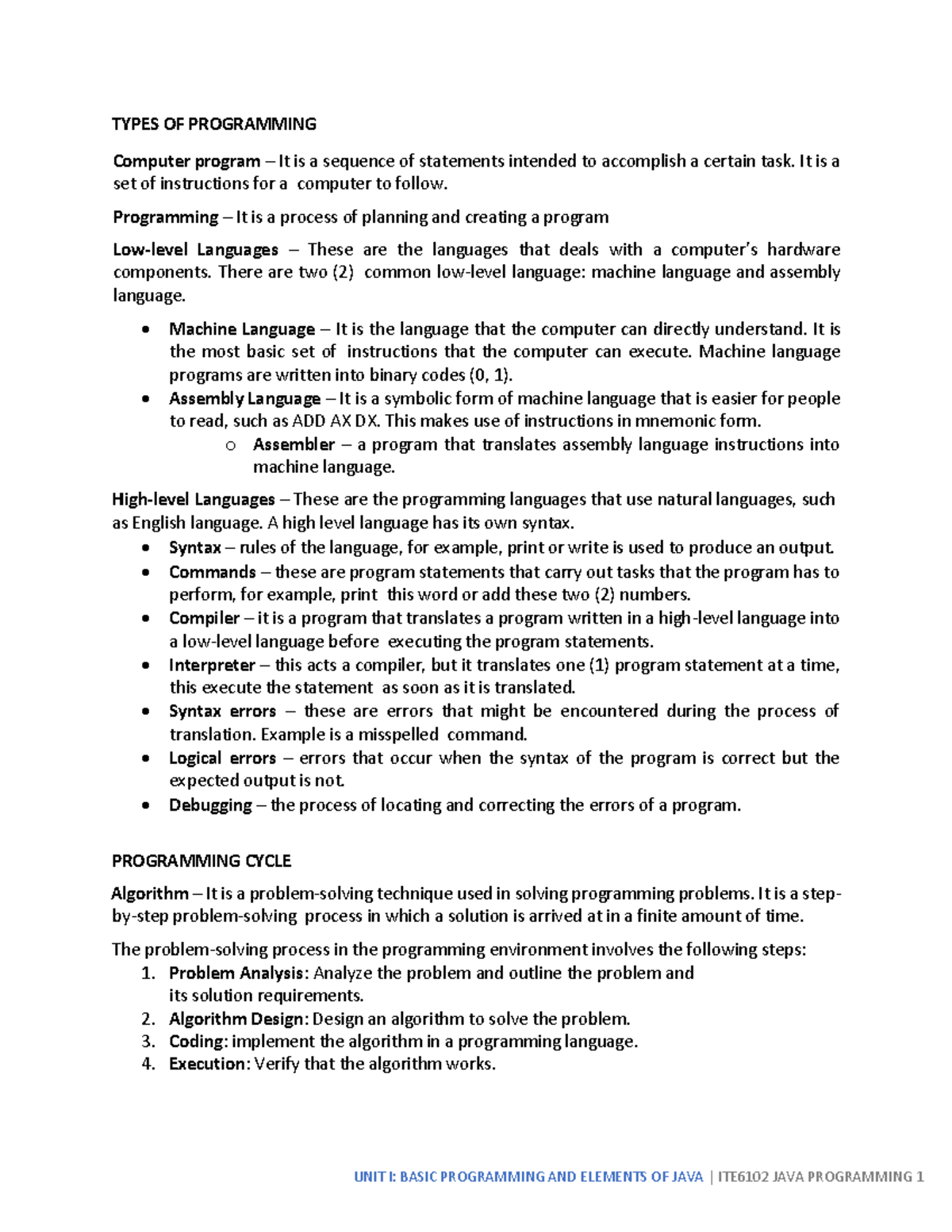 Unit I Basic Programming and Elements of Java - TYPES OF PROGRAMMING ...