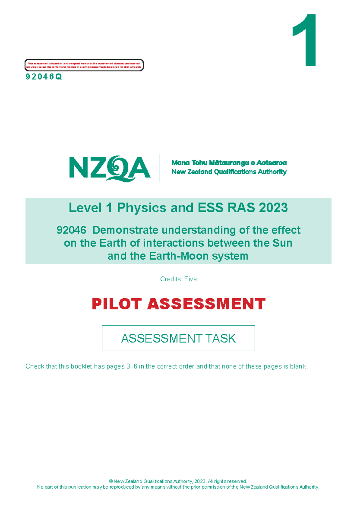 92046 Level 1 Physics & ESS RAS 2023 Assessment Overview - Studocu