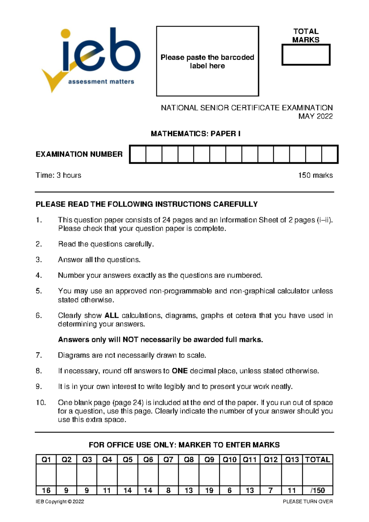 Mathematics P1 May 2022: National Senior Certificate Exam Paper - Studocu